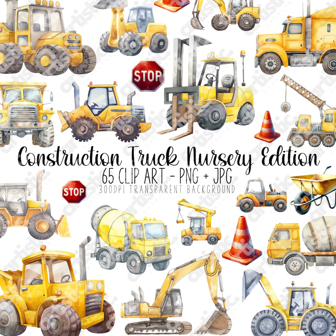 Watercolor Construction Truck Clipart: Nursery Decor (PNG & JPG) - Etsy