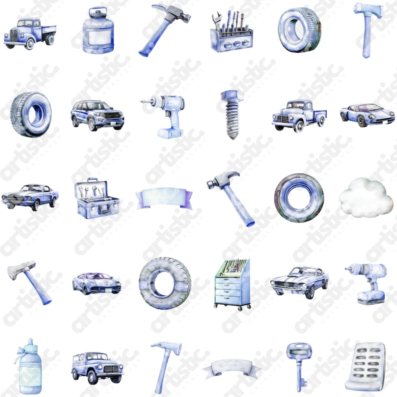 Watercolor Mechanic Baby Shower Clipart: Blue Auto Tools (95 PNG) - Etsy