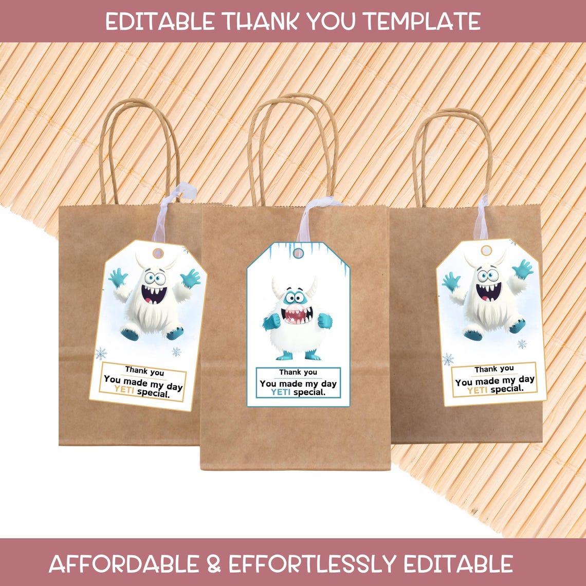 Yeti Birthday Thank You Tags: Chibi Monster Favor Stickers (canva Edit ...