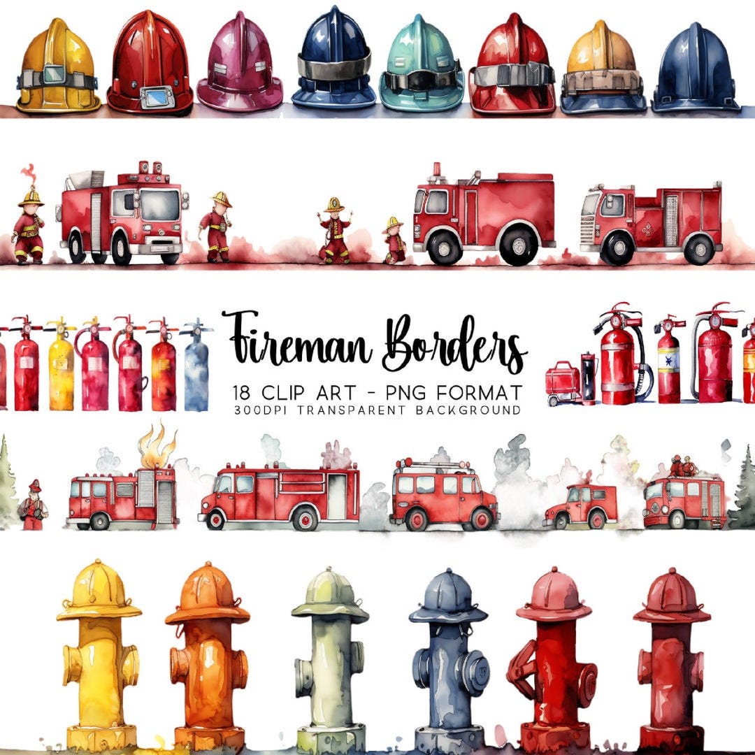 Fire Truck Clipart Borders: Watercolor Fireman PNG Set (digital ...