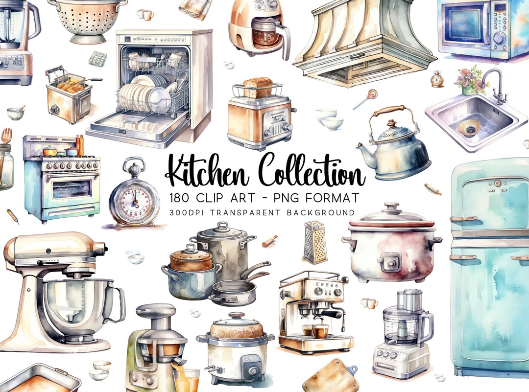 Kitchen Clipart Bundle, Watercolor PNG/JPG, Transparent Background, DIY ...