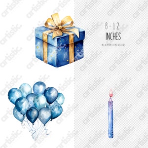 Blue Birthday Clipart: Watercolor Balloons, Cake, Gifts (PNG Digital ...