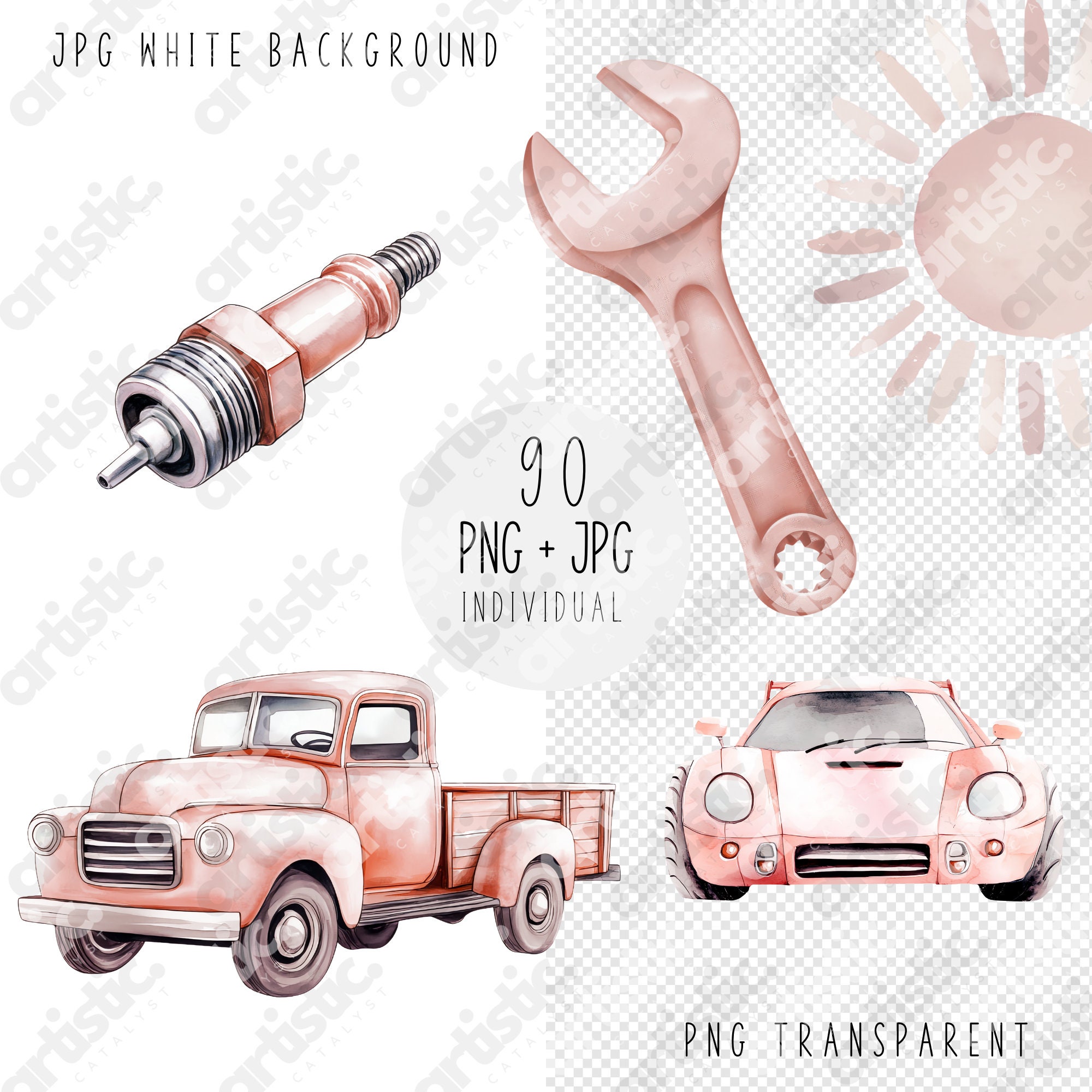 Mechanic Baby Shower Clipart: Pink Watercolor Cars (PNG/JPG) - Etsy
