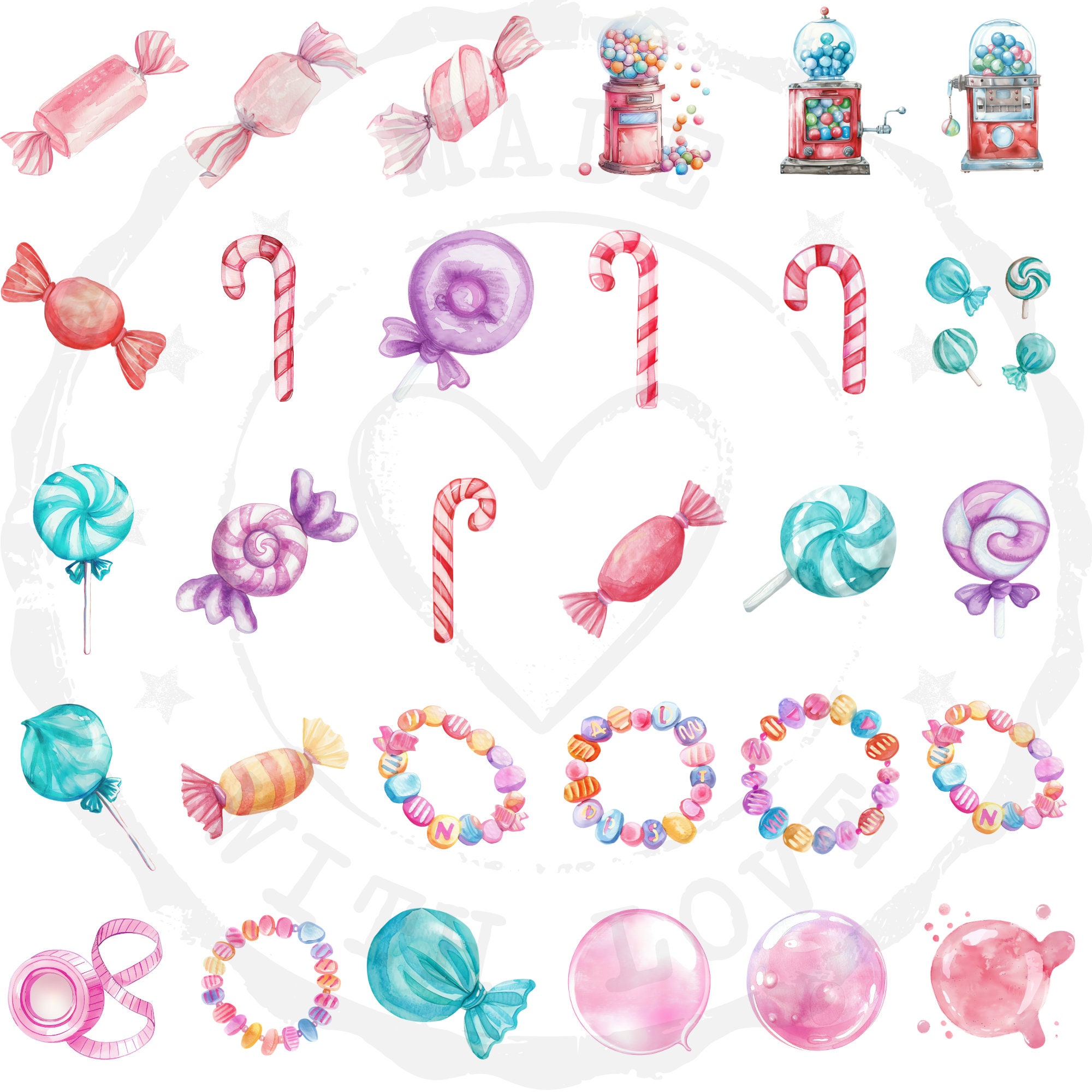 Watercolor Candy Clipart Bundle: Bubble Gum, Sweets, Dispenser (PNG ...