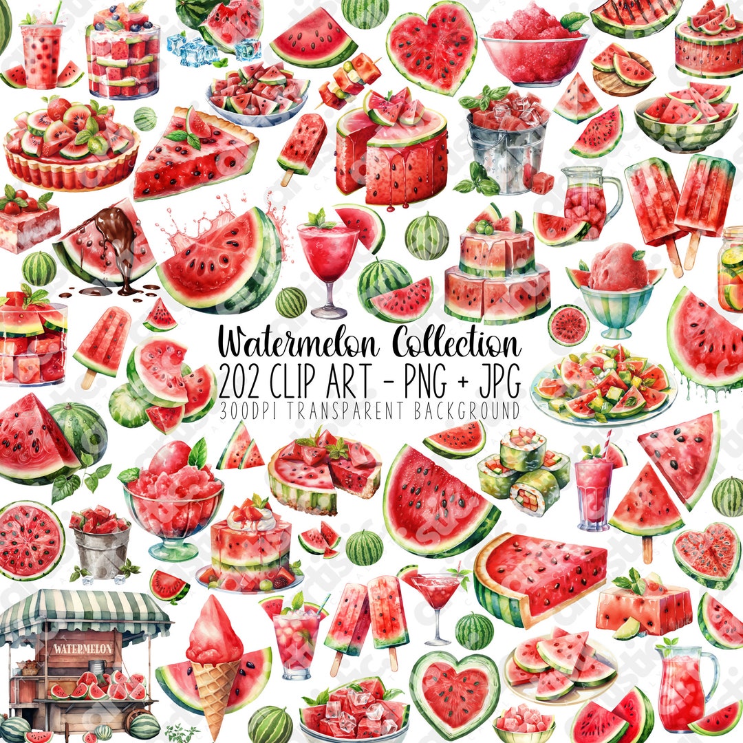 Watercolor Watermelon Clipart Bundle: 202 PNG & JPG Fruit Graphics ...