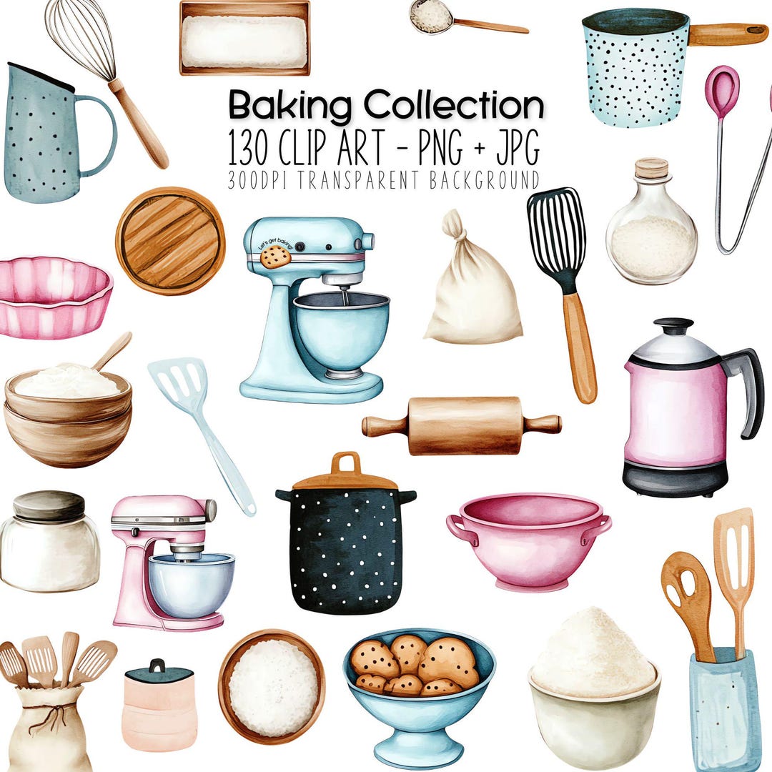 Watercolor Baking Clipart Bundle: Kitchen Utensils, Mixer PNG (digital ...