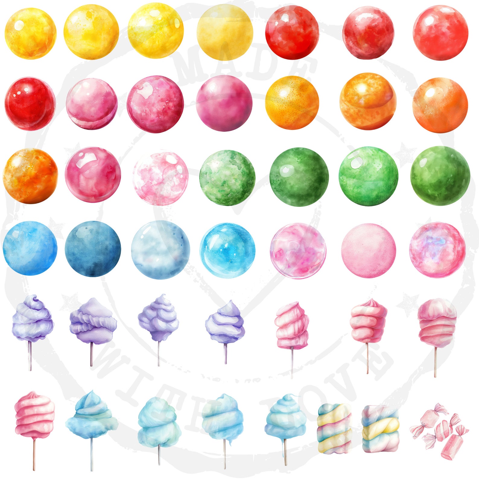Watercolor Candy Clipart Bundle: Bubble Gum, Sweets, Dispenser (PNG ...