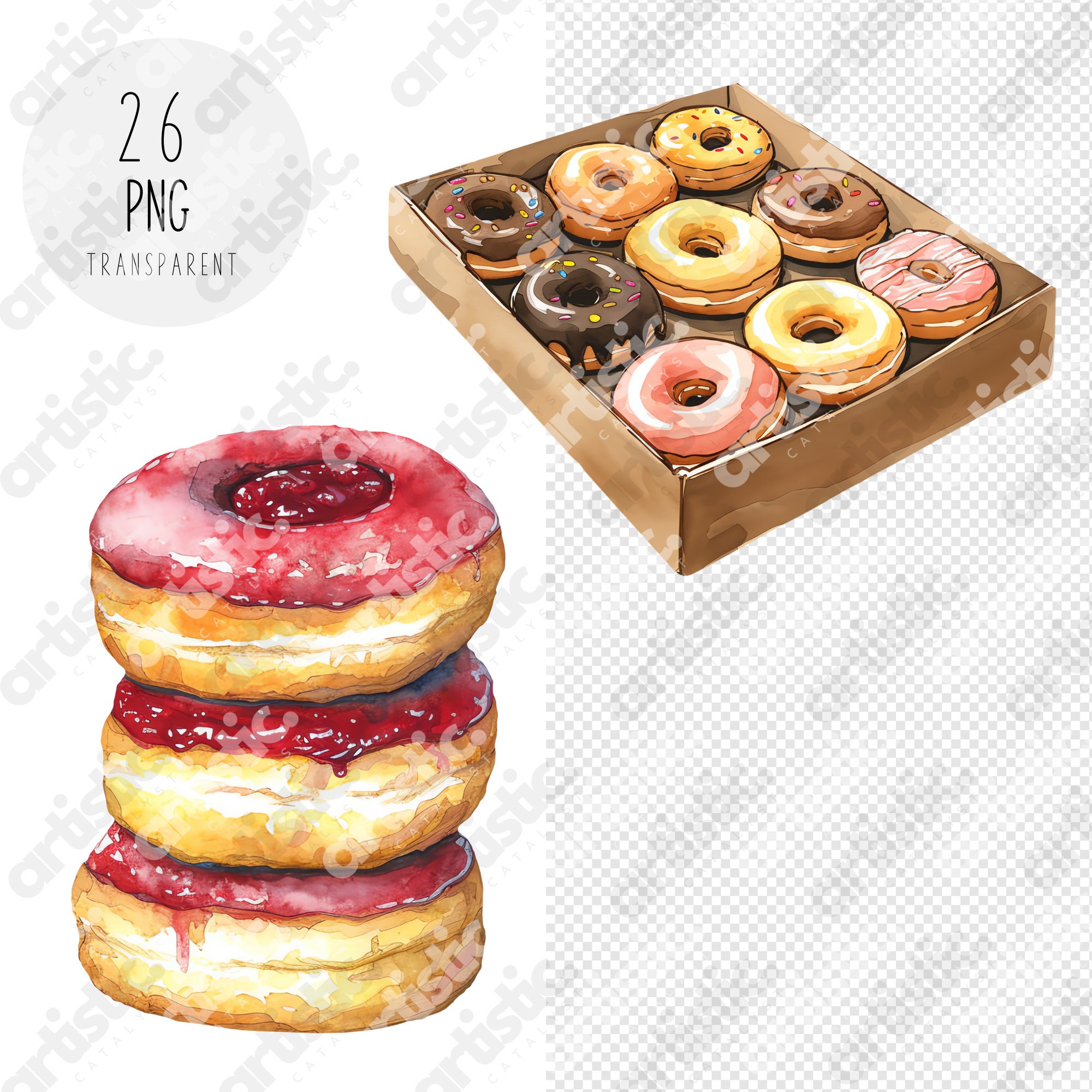 Watercolor Donut Clipart Bundle: 26 PNG Files, Kitchen Art (digital ...