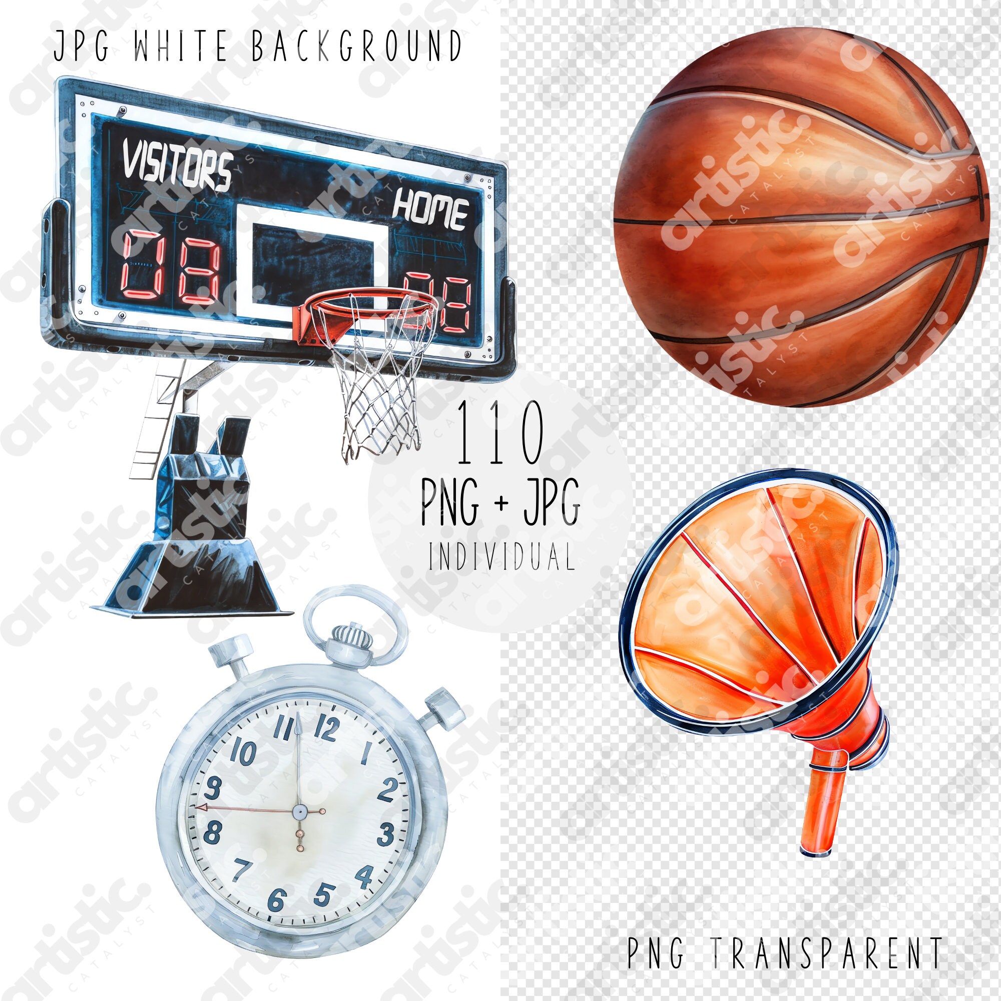 Watercolor Basketball Clipart Bundle: Sports Fan PNG & JPG (110 Images ...