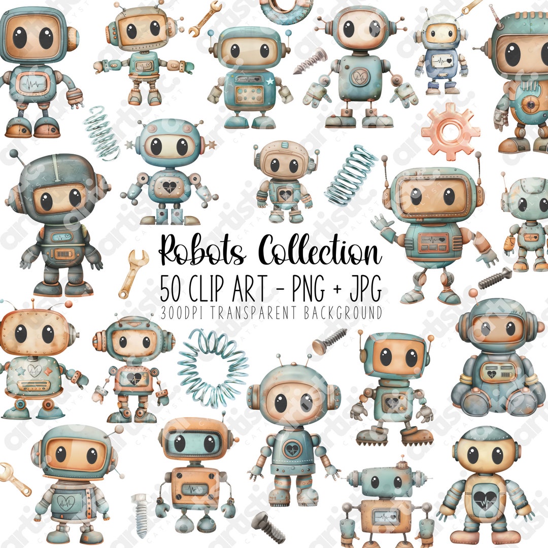 Watercolor Robot Clipart Bundle: 50+ PNG Designs (digital Download) - Etsy
