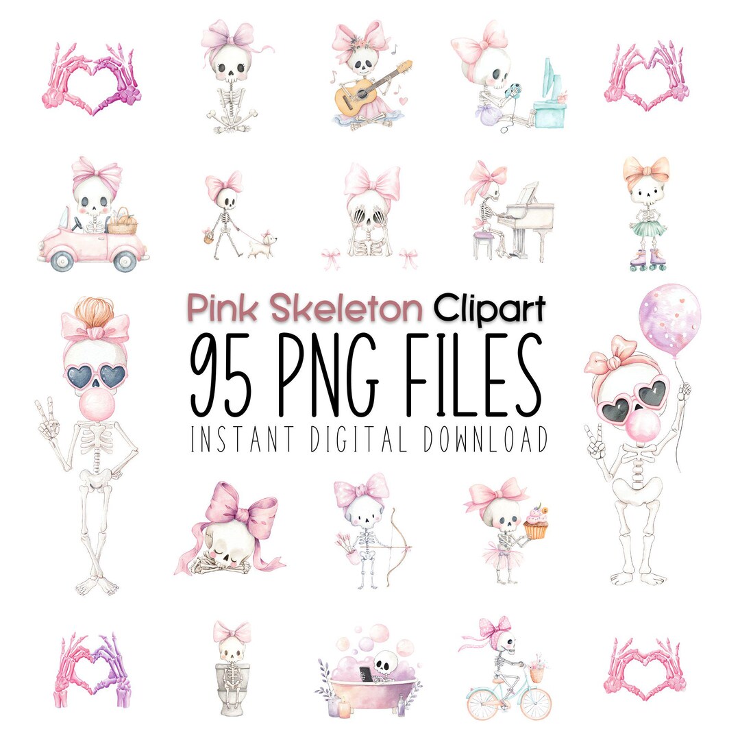 Pink Skeleton Clipart: Pastel Goth Valentines Day Graphics (95 PNG ...