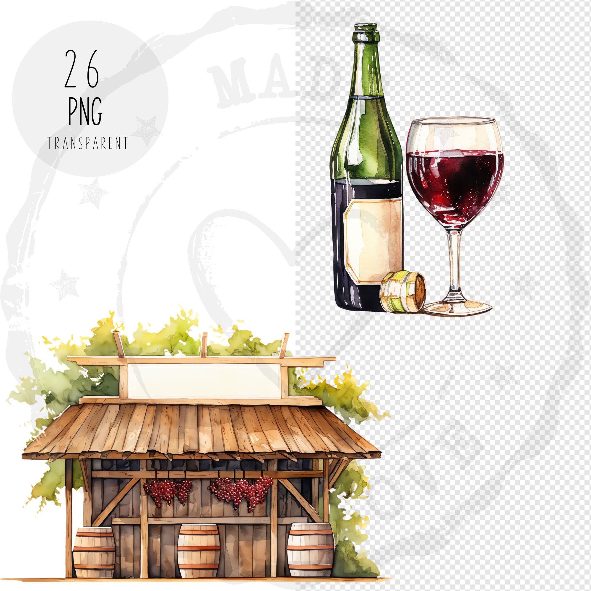 Watercolor Wine Vineyard Clipart Bundle: Grapes, Cheese, Wine Glasses ...