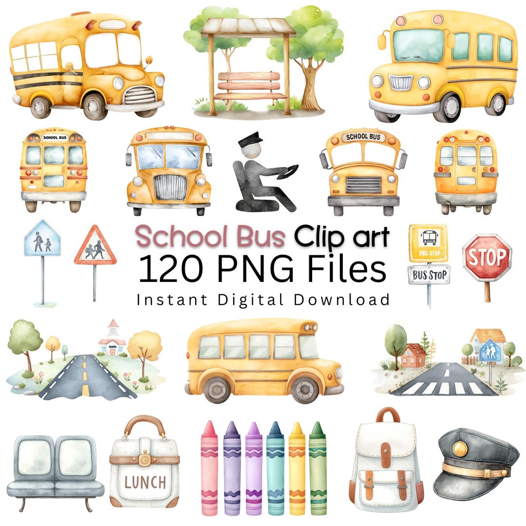 School Bus Clipart Bundle: Watercolor Back to School PNG (digital ...