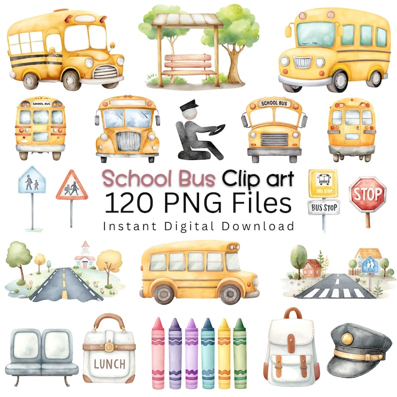 School Bus Clipart Bundle: Watercolor Back to School PNG (digital ...