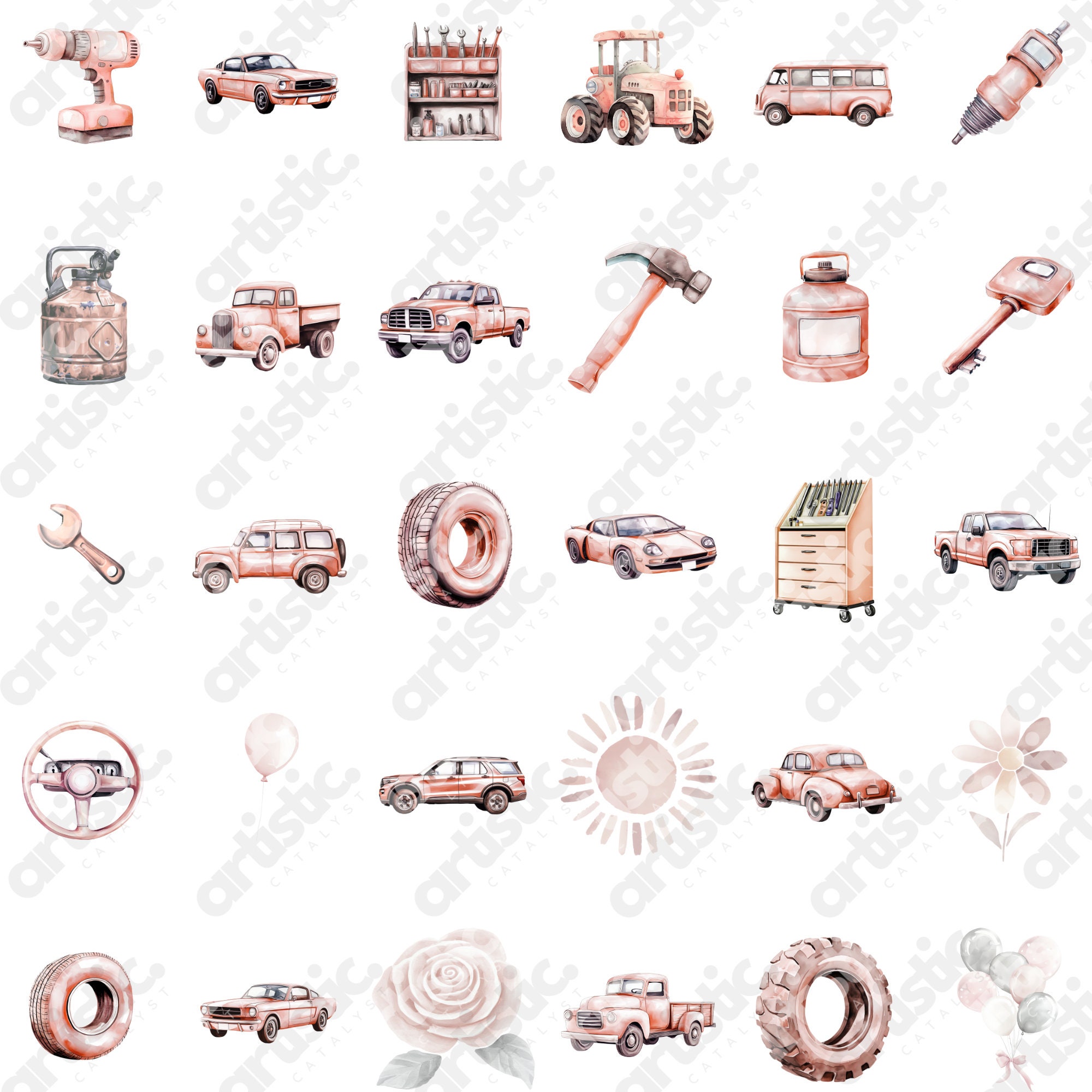 Mechanic Baby Shower Clipart: Pink Watercolor Cars (PNG/JPG) - Etsy