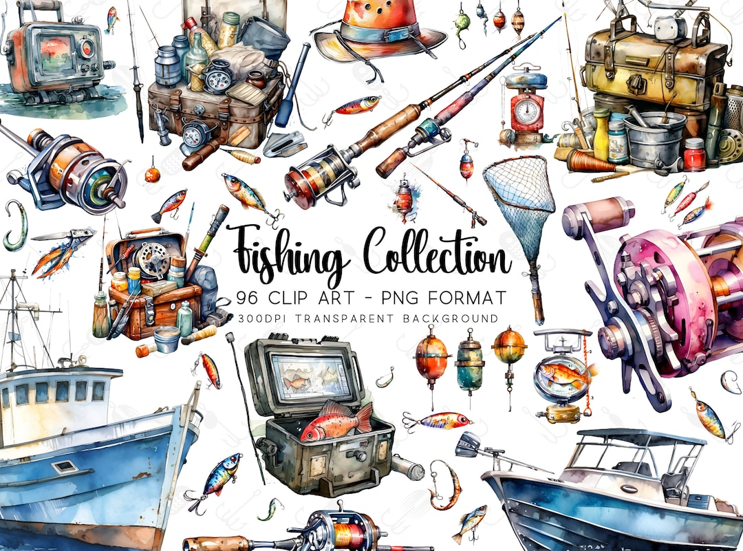 Fishing Clipart, Watercolor Bundle Set PNG/JPG, Transparent Background ...
