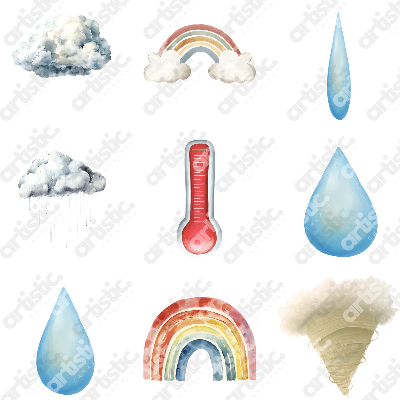 Watercolor Weather Clipart Bundle: Rainbow, Sun, Clouds (PNG Digital ...