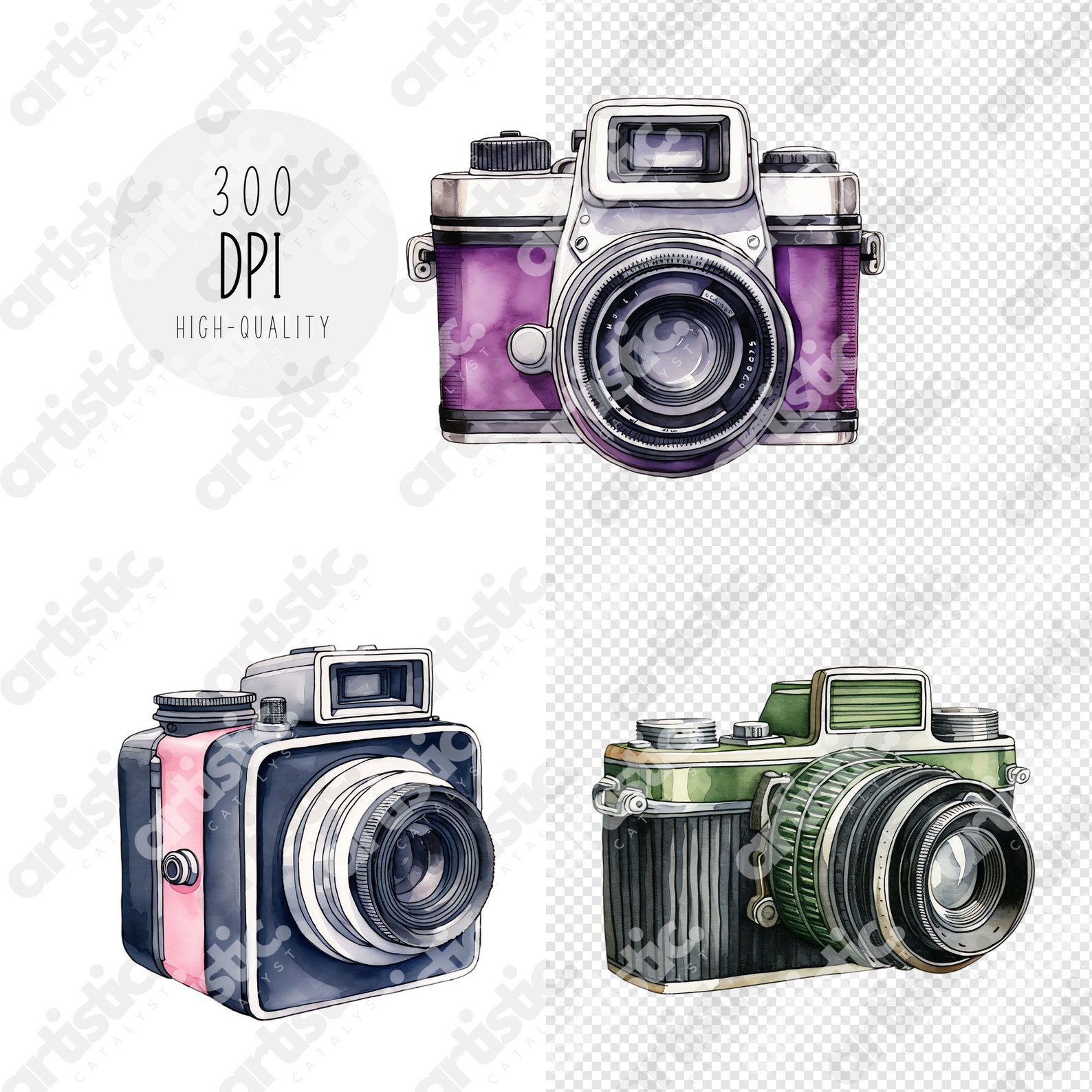 Watercolor Camera Clipart: Vintage & Modern PNG Bundle (26 Images) - Etsy