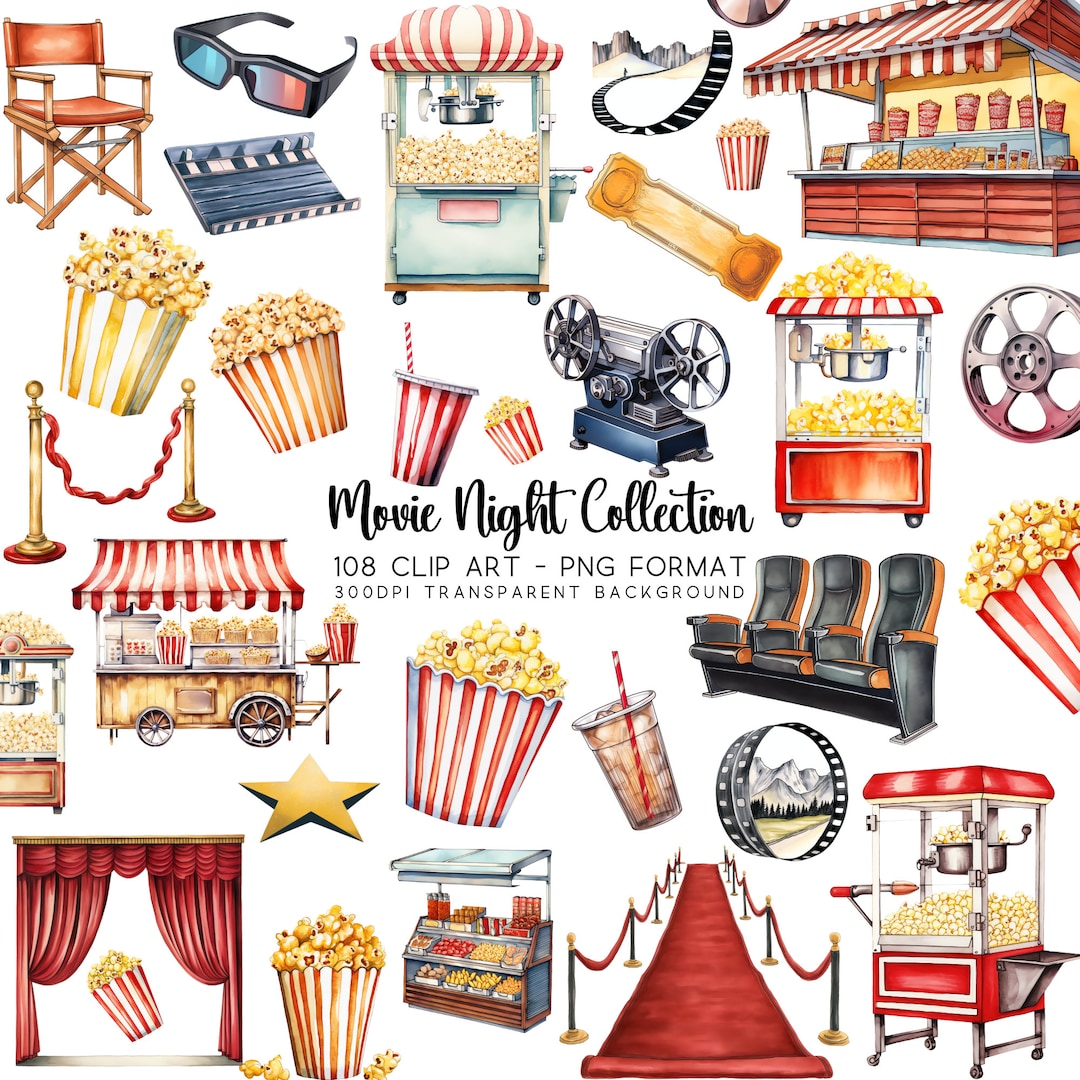 Movie Night Clipart Bundle: Red Carpet, Popcorn, Theater (108 PNG Files ...