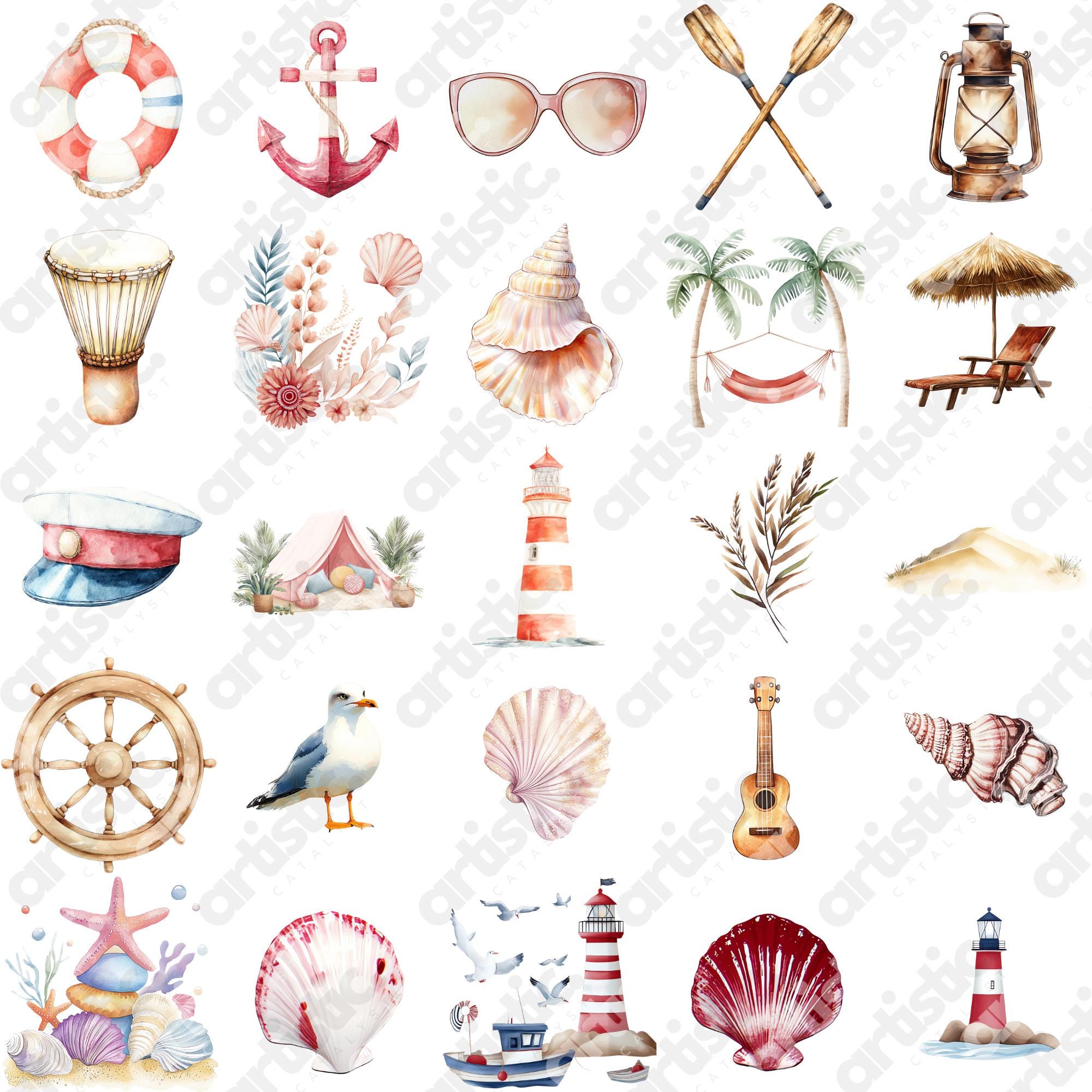 Nautical Watercolor Clipart Bundle: Ocean Life PNG Designs (digital ...