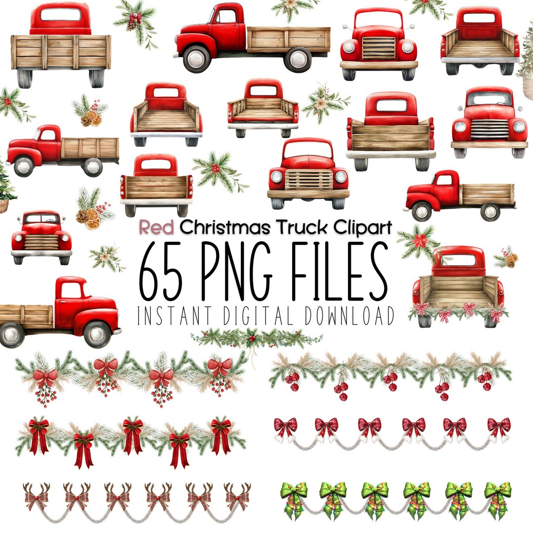 Old Red Truck Christmas Clipart : 65 Watercolor PNG Holiday Bundle ...