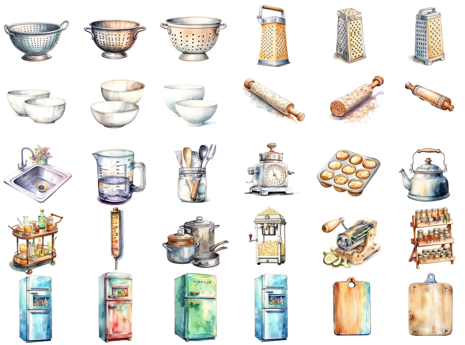 Kitchen Clipart Bundle, Watercolor PNG/JPG, Transparent Background, DIY ...