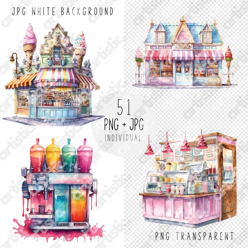 Ice Cream Parlor Watercolor Clipart Bundle : Retro Summer Designs ...