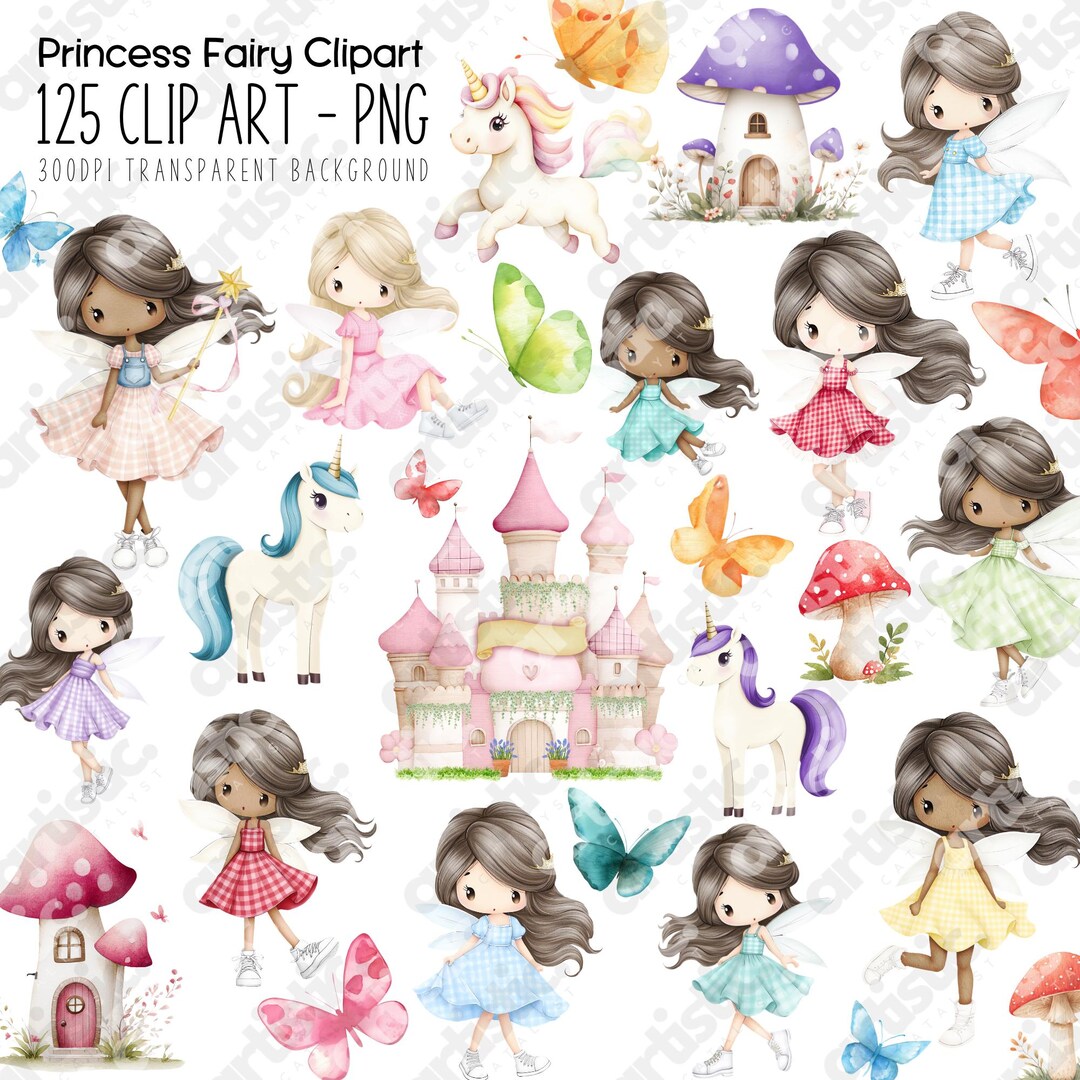 Fairy Clipart Bundle, Princess Watercolor PNG Clip Art, Unicorns ...