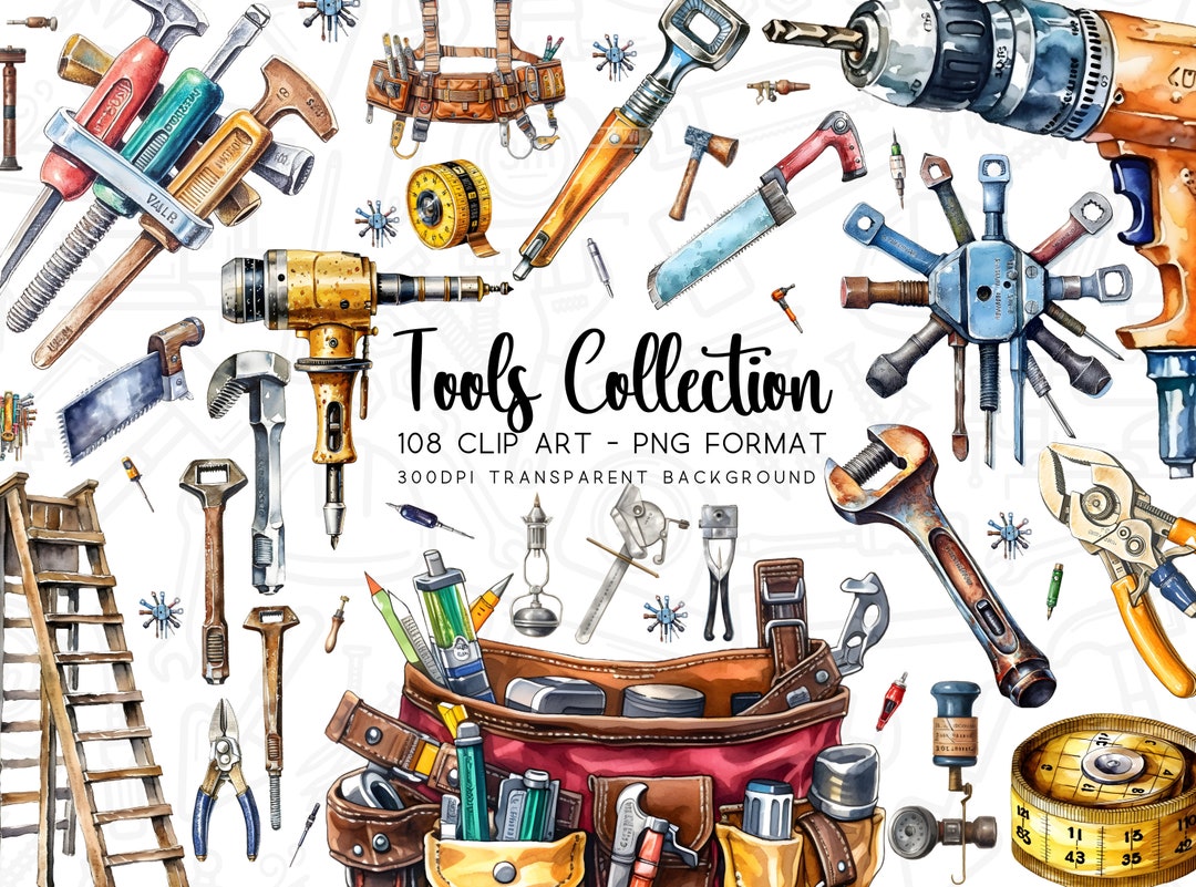 Tool Clipart Bundle, Watercolor PNG/JPG, Transparent Background, DIY ...