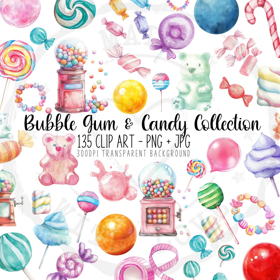 Bubble Gum Candy Clipart, Bundle Watercolor, Sweets Illustrations ...