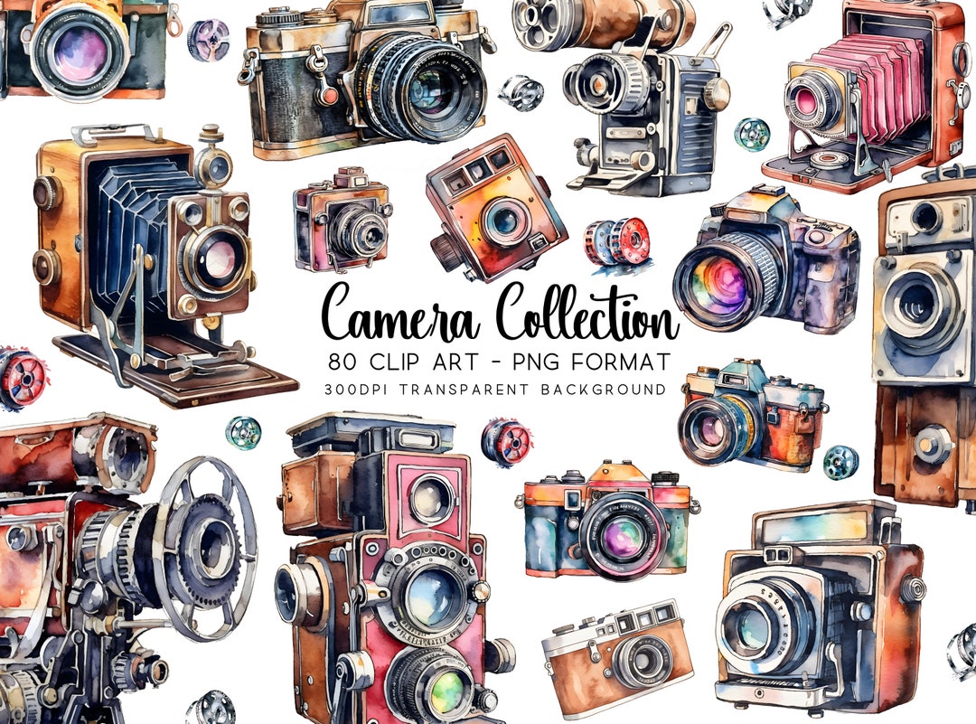 Camera Clipart, 80 DSLR Camera Clip Art Bundle, Watercolor PNG/JPG ...
