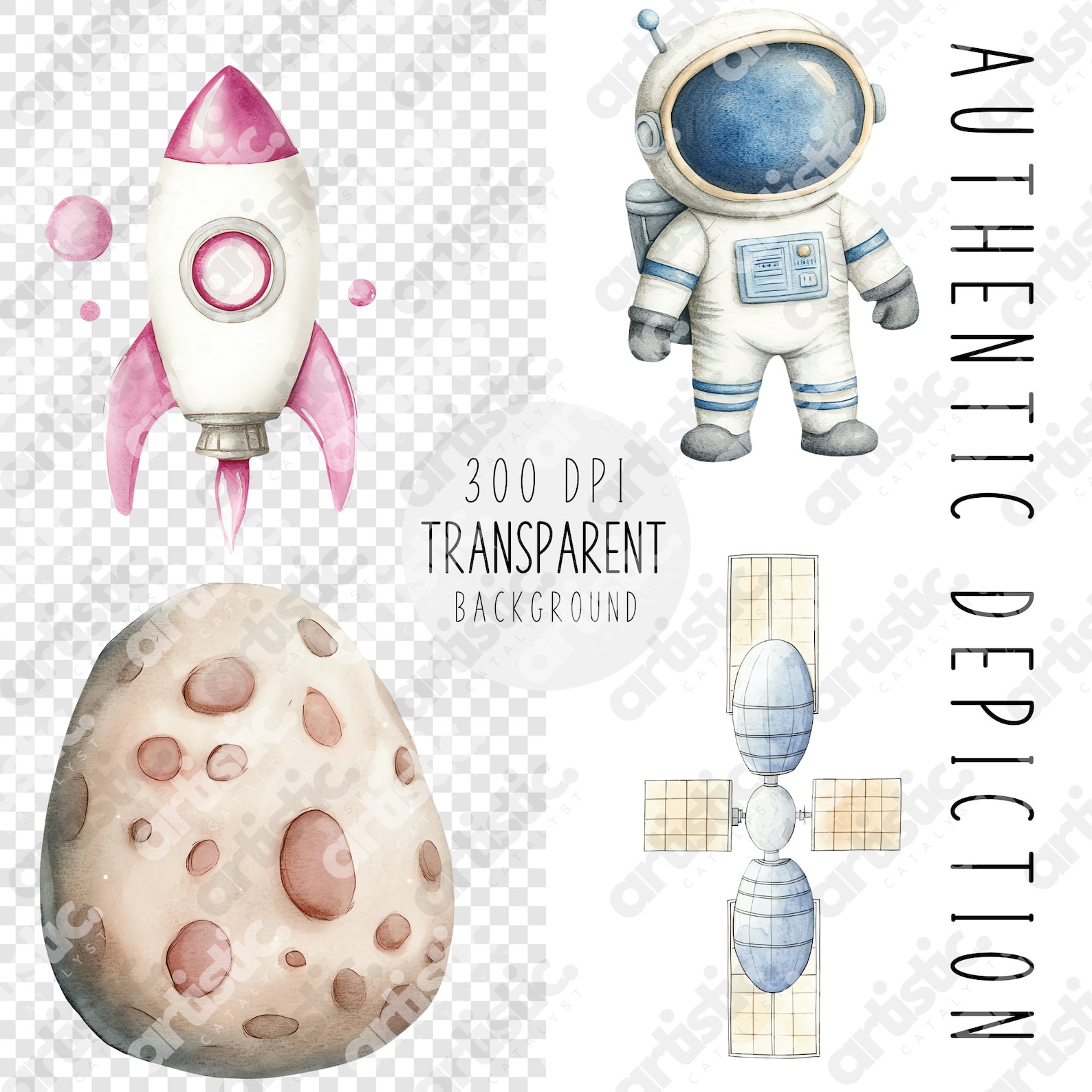 Watercolor Astronaut Clipart Bundle: Space Shuttle, Rocket PNG (digital ...