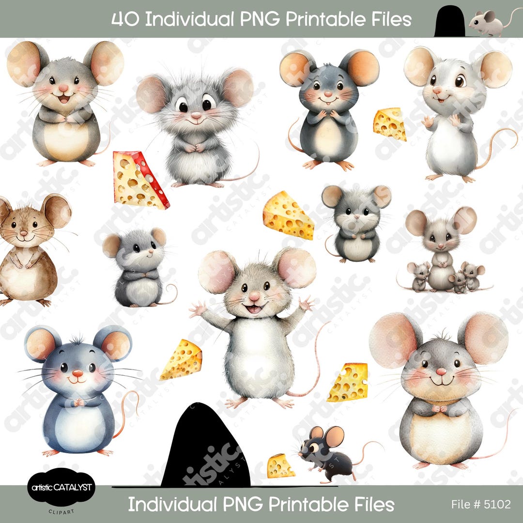 Mouse Clipart Bundle - Watercolour Baby Mice Cheese Printable Digital ...