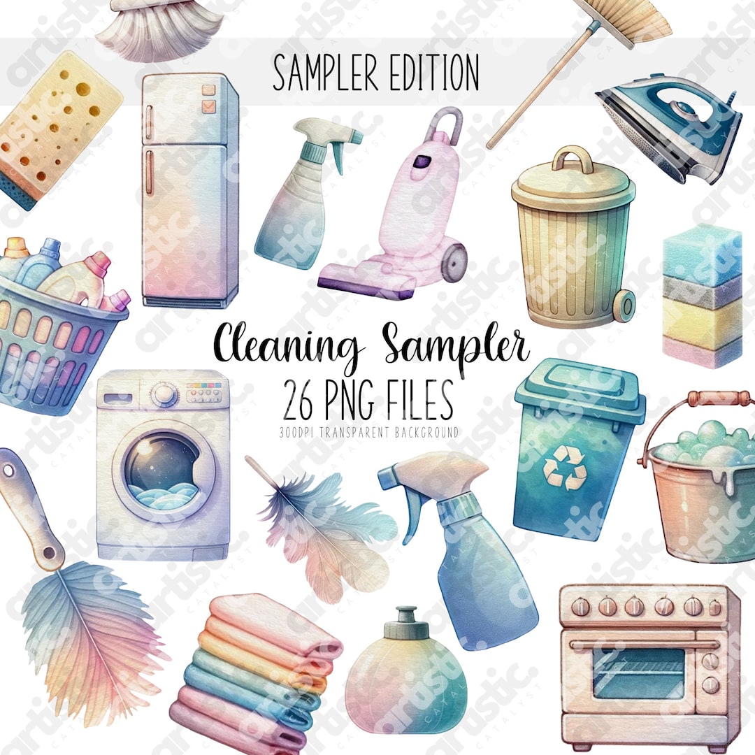 Watercolor Cleaning Clipart Bundle: Household PNG Prints (digital ...