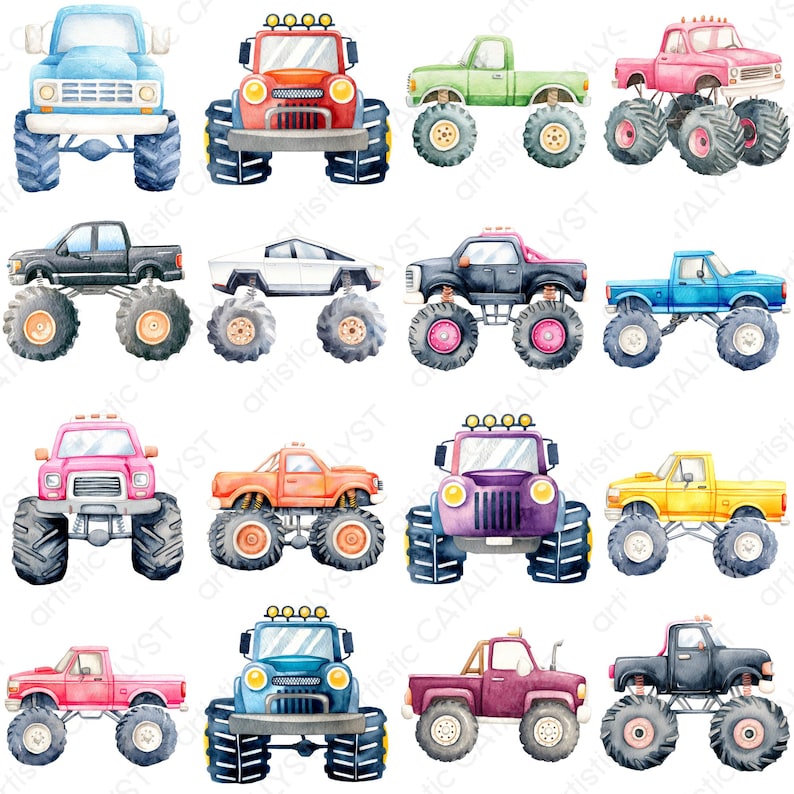 Monster Truck Watercolor Clipart Bundle: Race Car Party Decor (PNG ...