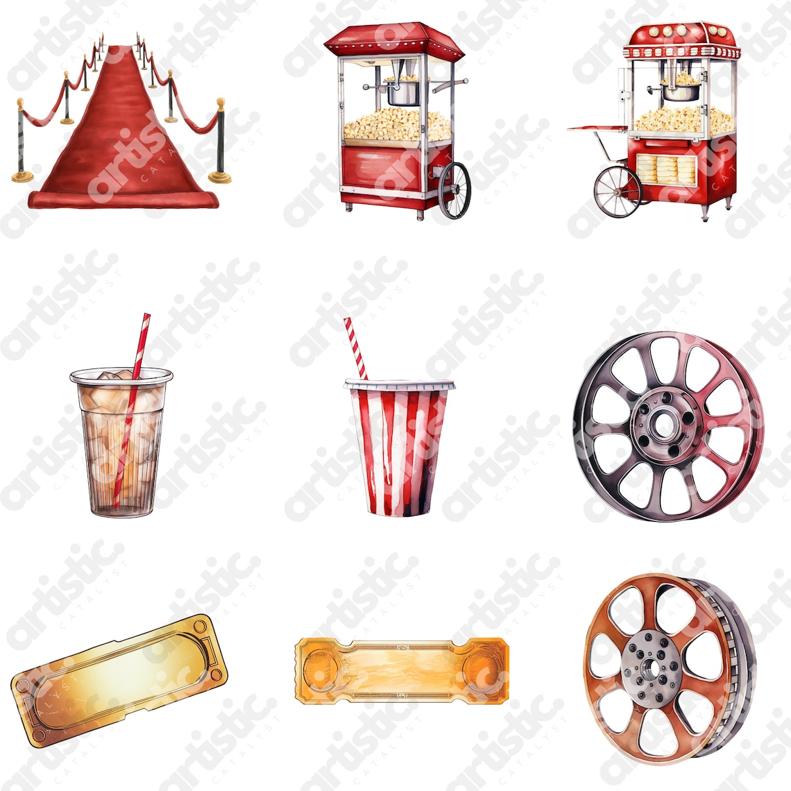 Watercolor Movie Night Clipart: Cinema PNG Images (26 Files) - Etsy