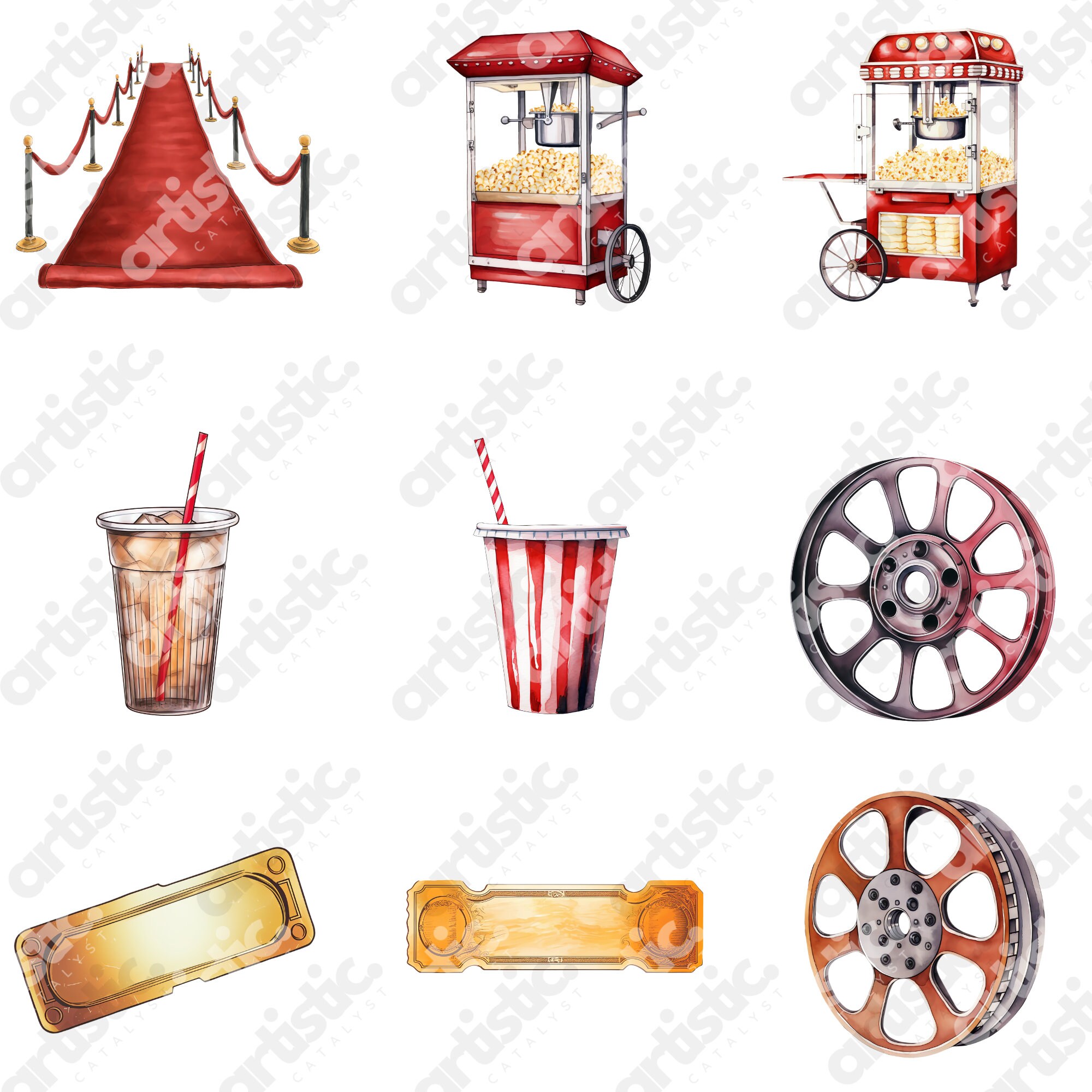 Watercolor Movie Night Clipart: Cinema PNG Images (26 Files) - Etsy
