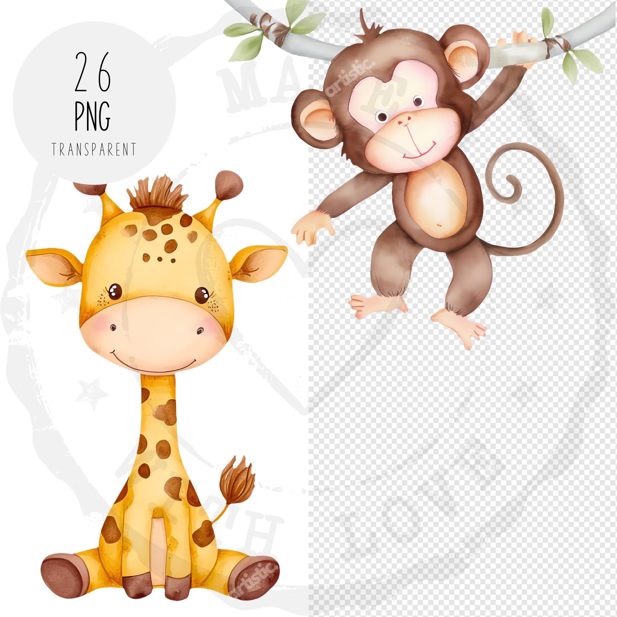 Watercolor Safari Animals Clipart: Baby Shower Nursery Decor (PNG ...