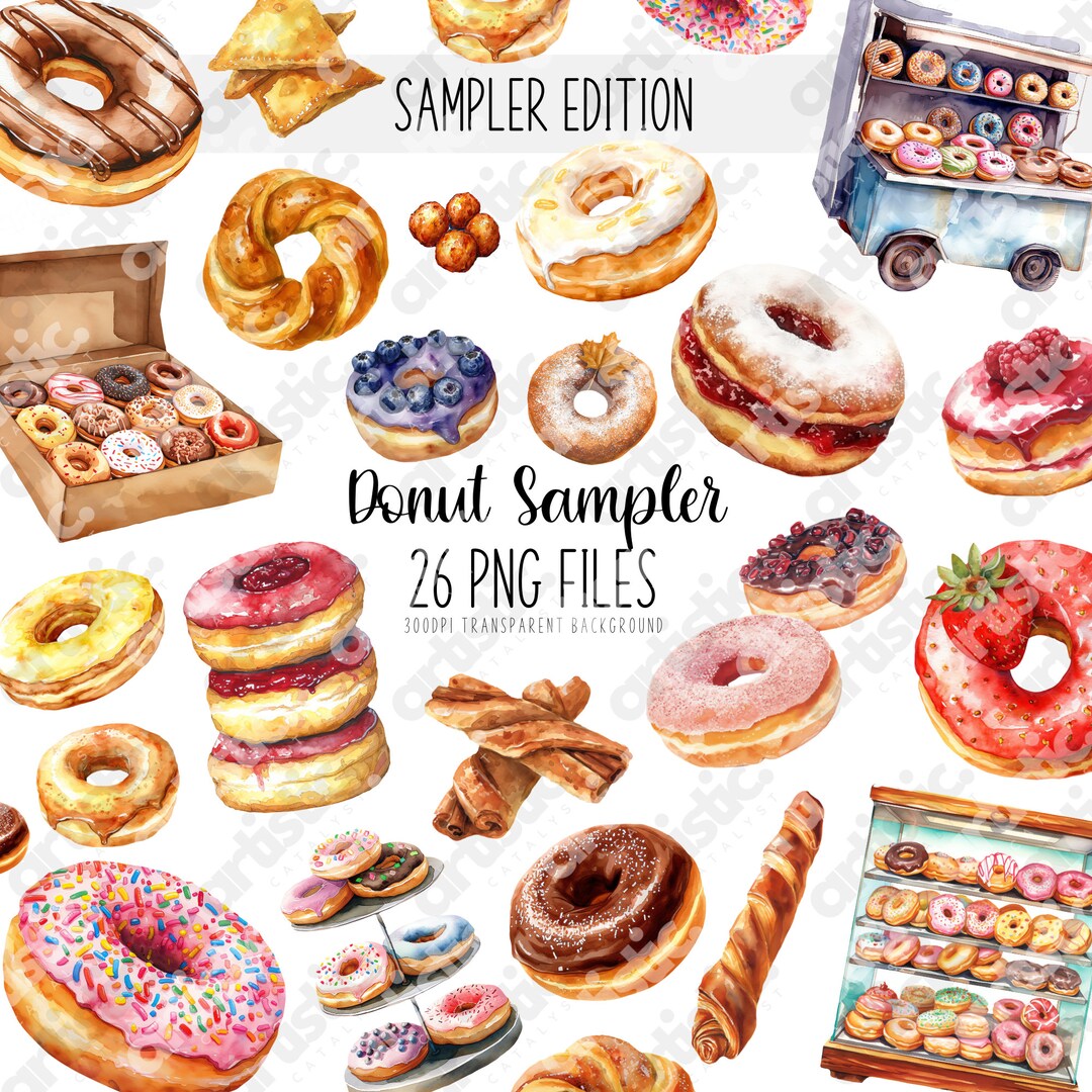 Watercolor Donut Clipart Bundle: 26 PNG Files, Kitchen Art (digital ...
