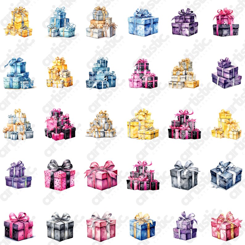 Birthday Presents Watercolor Clipart Bundle: 60 Gift Boxes, Bows (PNG ...