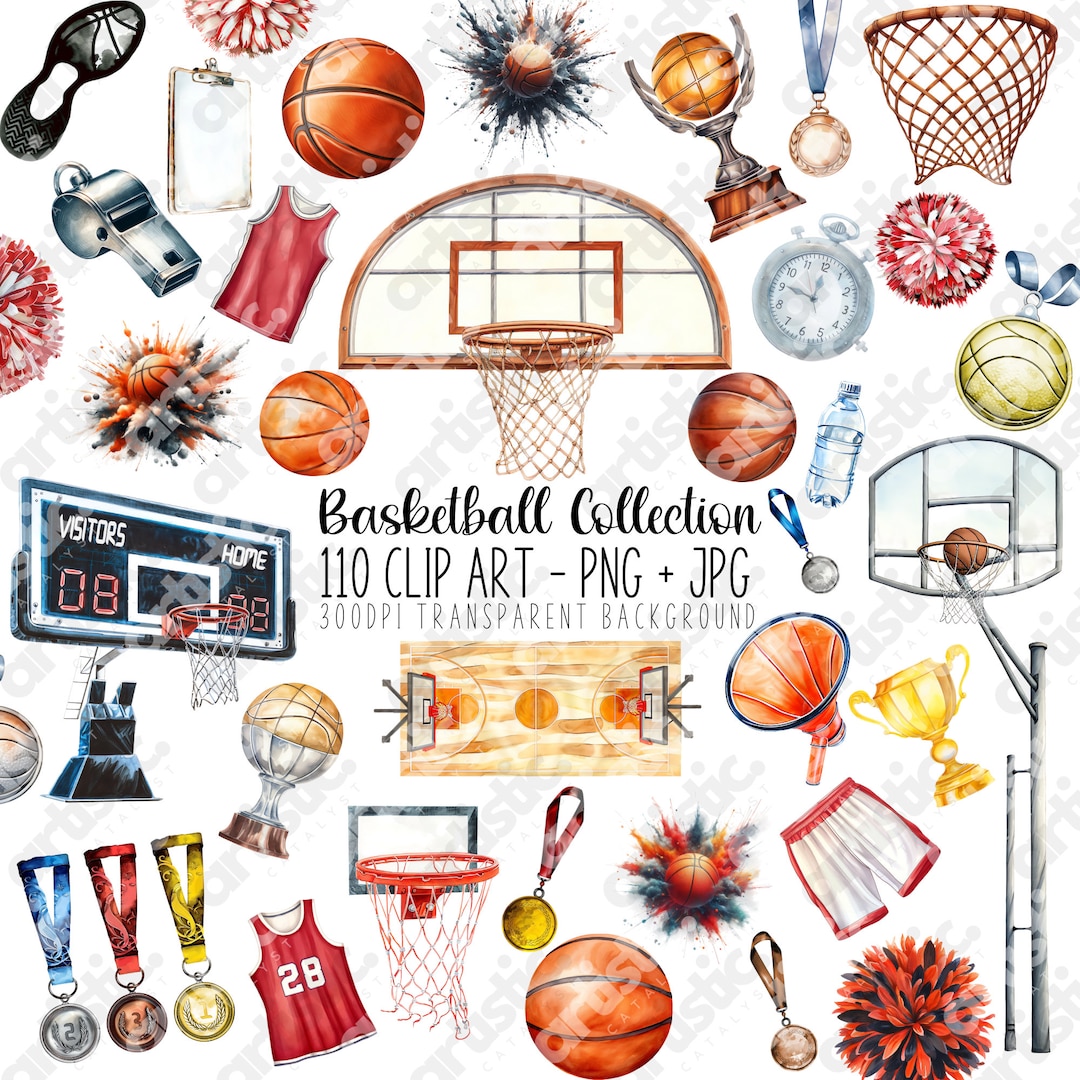 Watercolor Basketball Clipart Bundle: Sports Fan PNG & JPG (110 Images ...