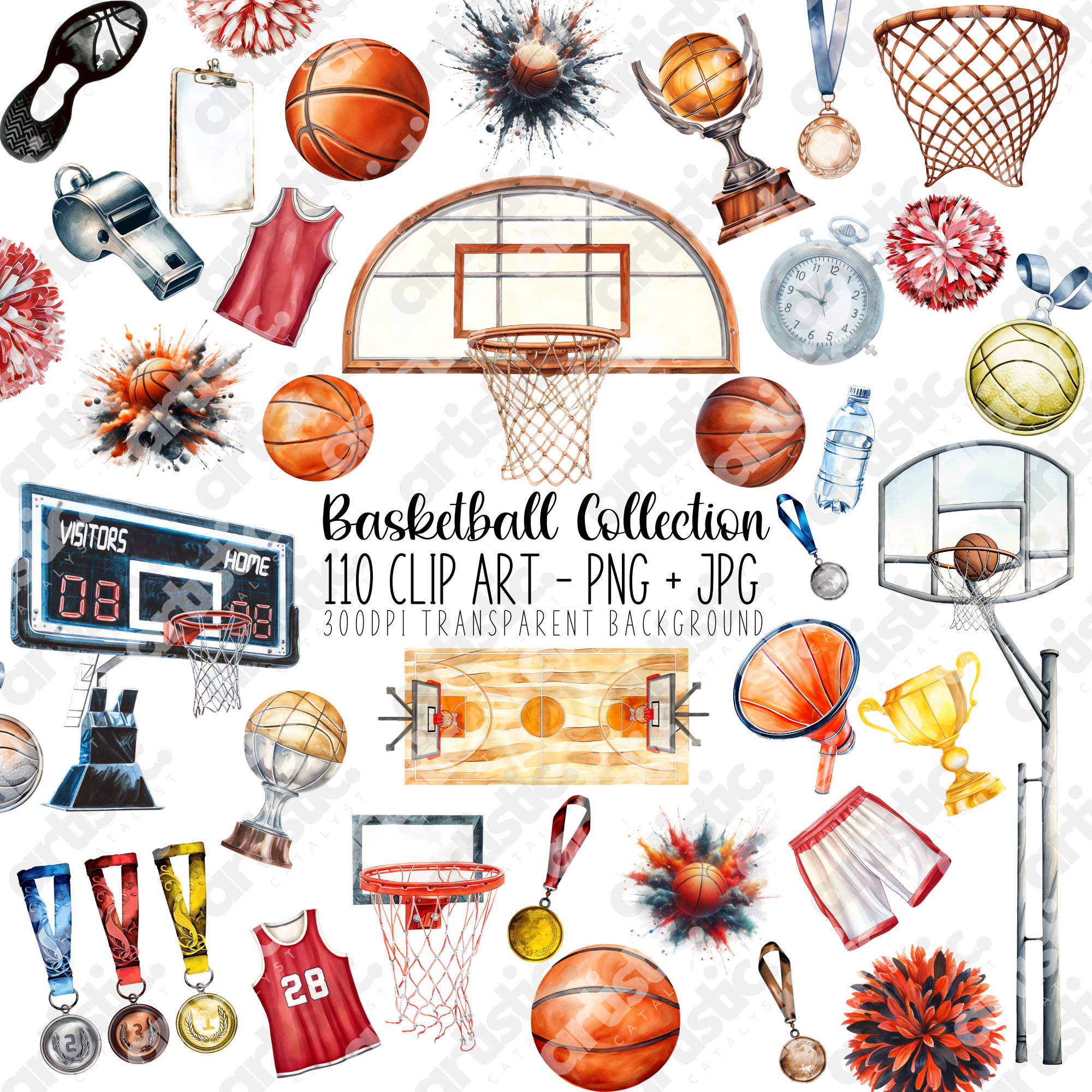 Watercolor Basketball Clipart Bundle: Sports Fan PNG & JPG (110 Images ...