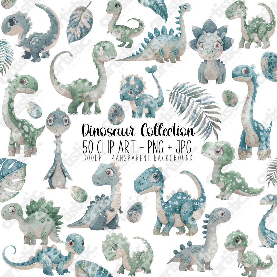 Dinosaur Clipart Bundle - 50 Watercolor Dinosaurs PNG for Kids Crafts ...