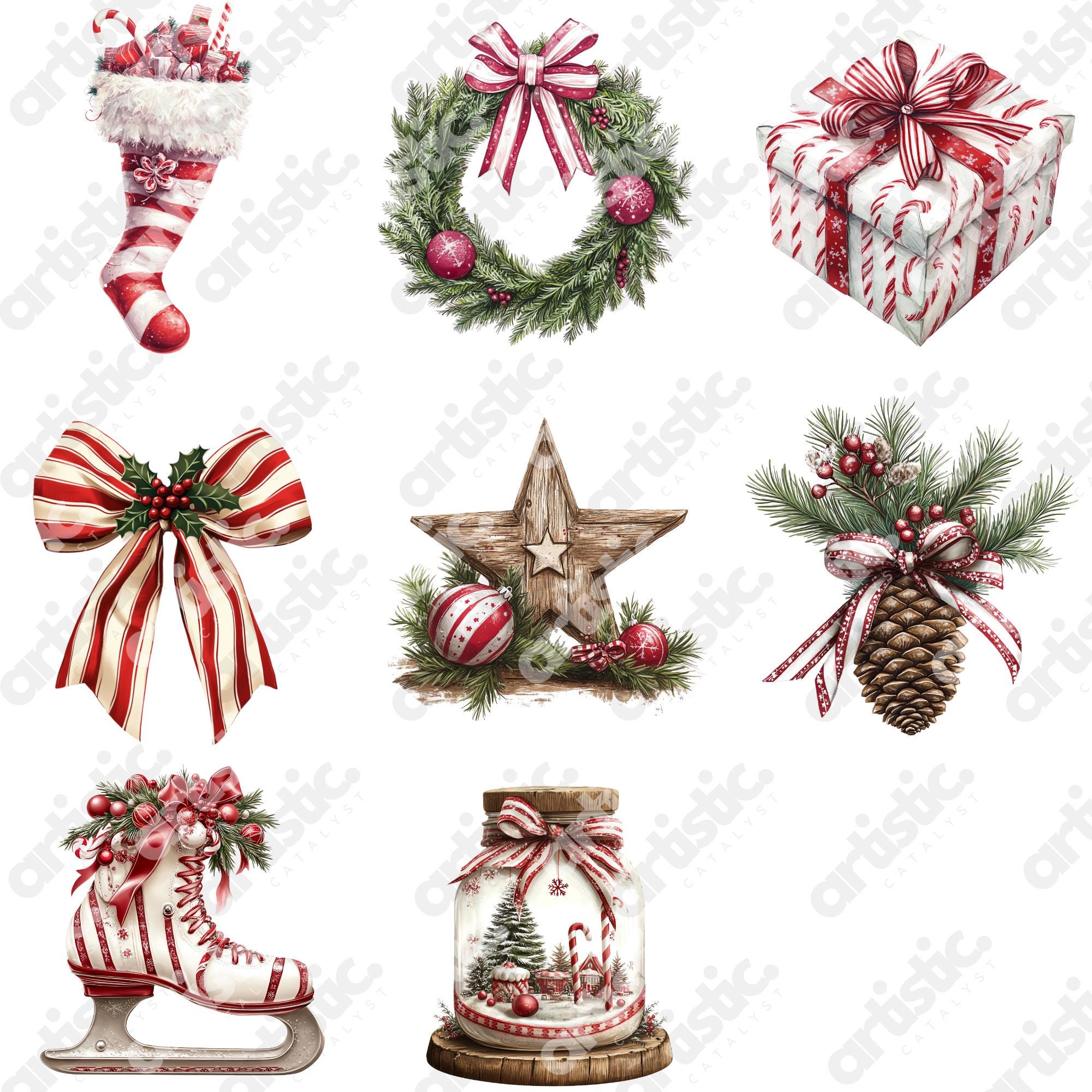 Candy Cane Christmas Clipart Bundle: Watercolor Holiday PNG (300 DPI ...