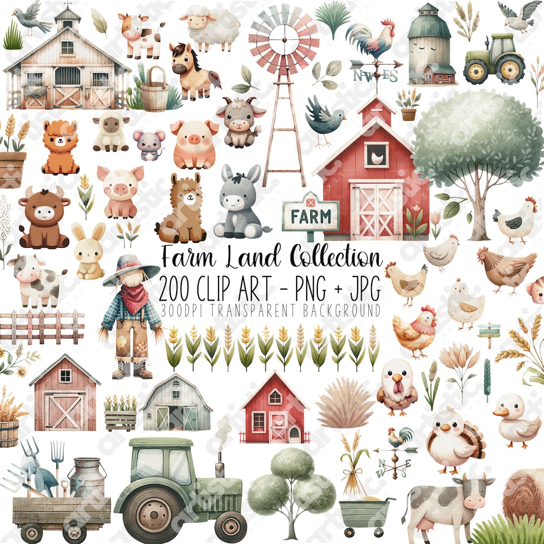Barnyard Animals Watercolor Clipart Bundle: 200 Farm PNG Images ...