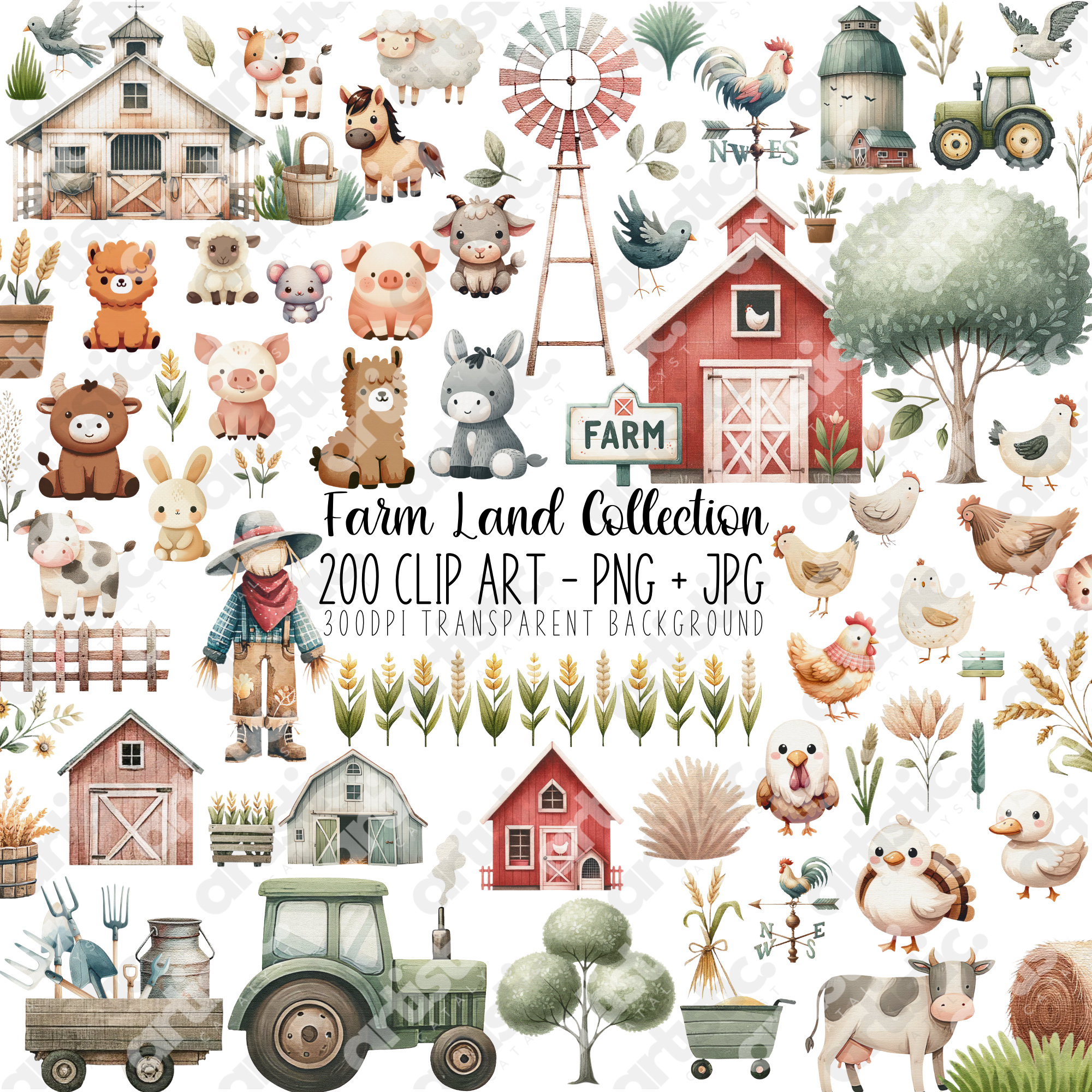 Barnyard Animals Watercolor Clipart Bundle: 200 Farm PNG Images ...