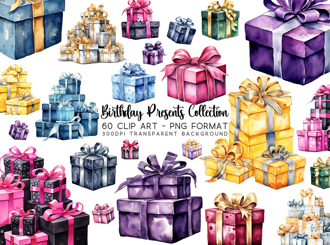 Birthday Clipart Presents Bundle Watercolor Bundle Clipart Graphic Set ...
