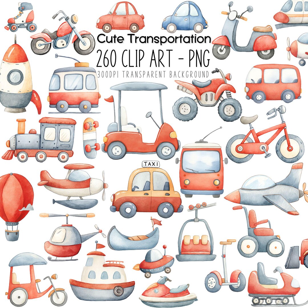 Watercolor Transportation Clip Art Bundle: 260 Kids Vehicle PNG ...