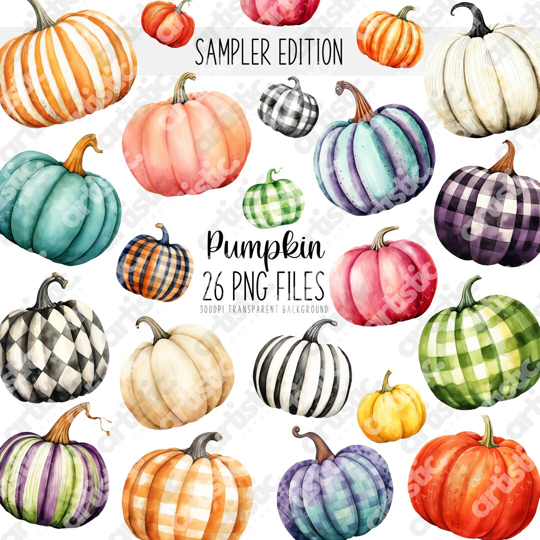 Watercolor Pumpkin Clipart Sampler Retro Fall Designs, Pink Plaid ...