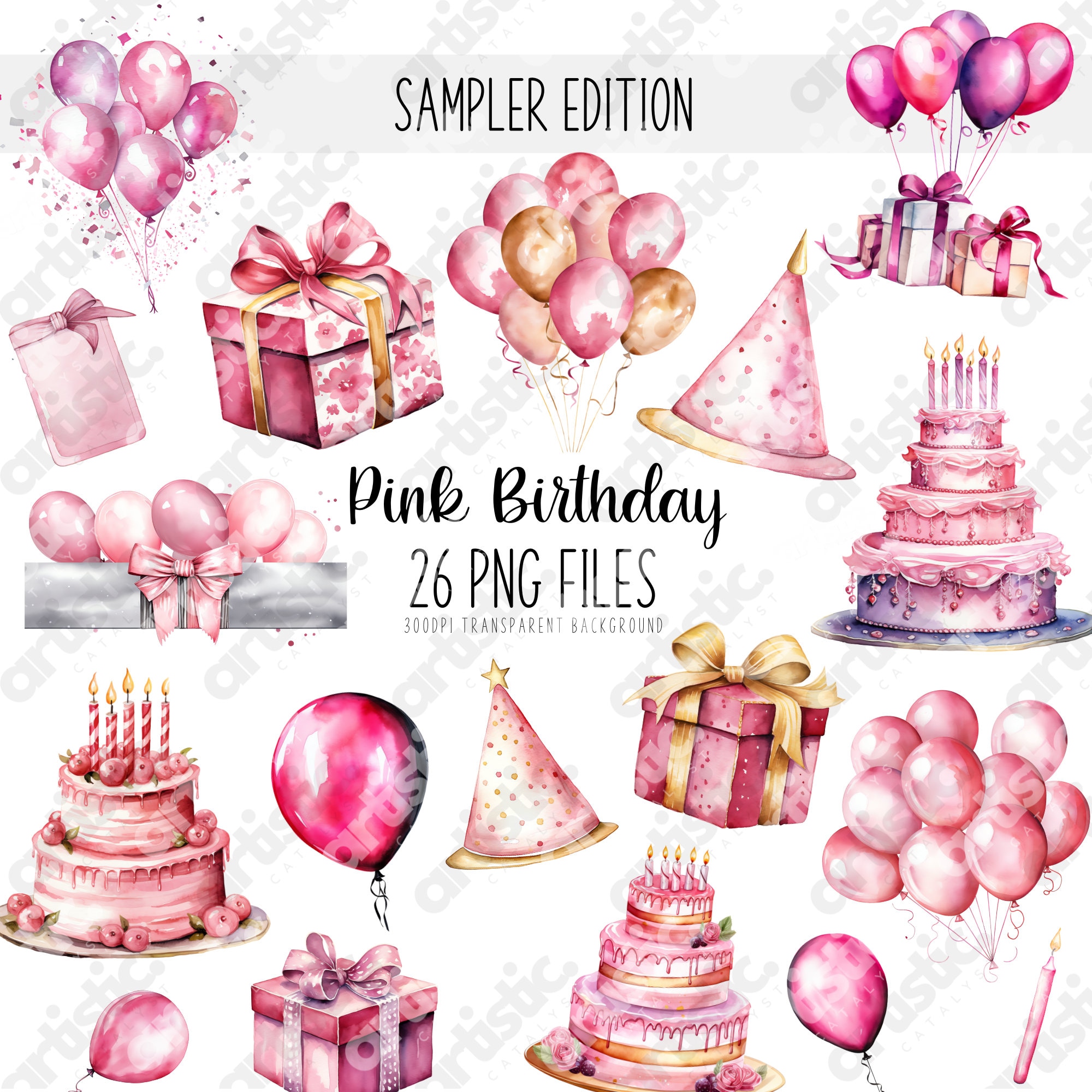 Birthday Clipart Pink Watercolor: 26 PNG Graphics Digital Download - Etsy